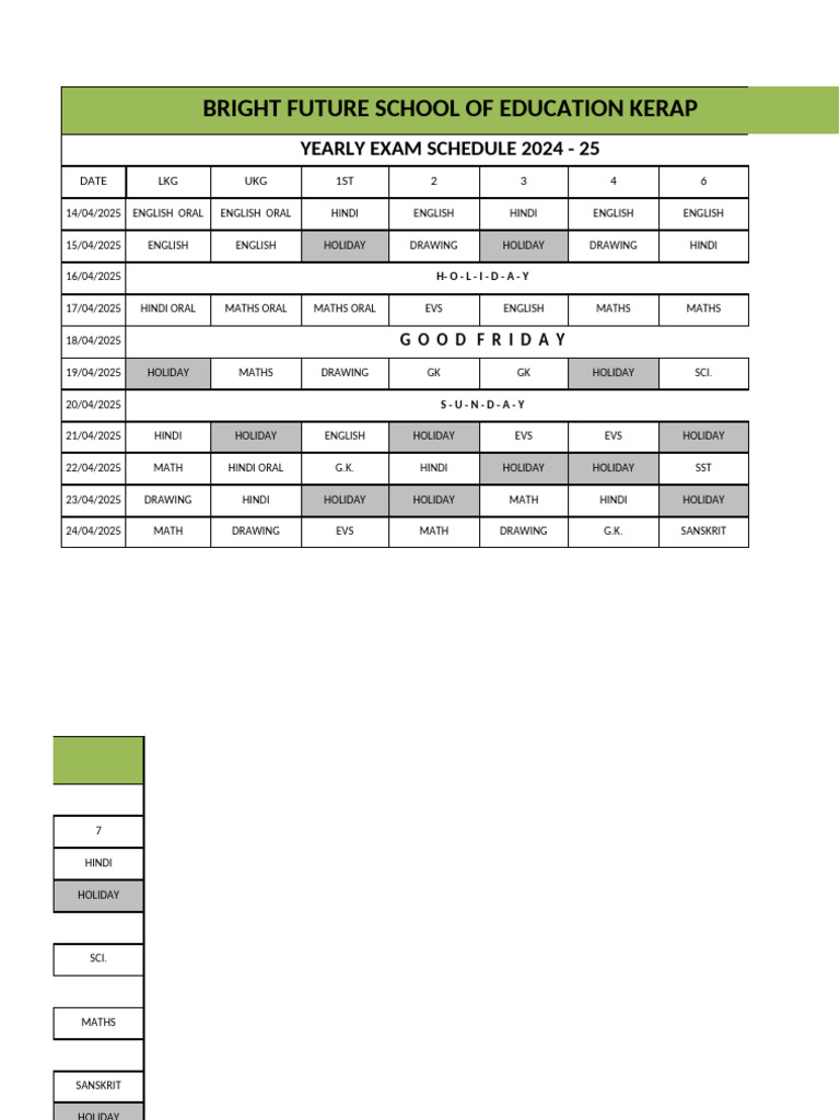 2024-25 Exam Schedule for Bright Future School | PDF