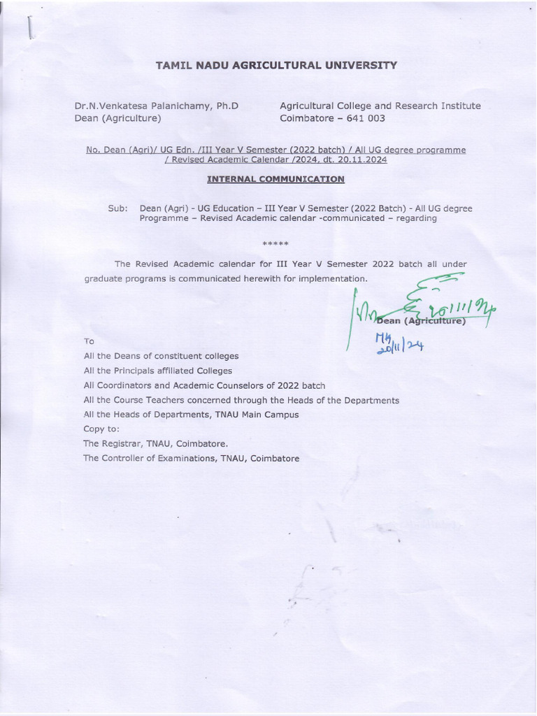 V Sem 2022 Batch Revised Academic Calendar | PDF