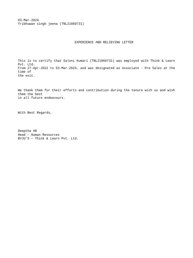 Got My Experience Letter Byjus | PDF