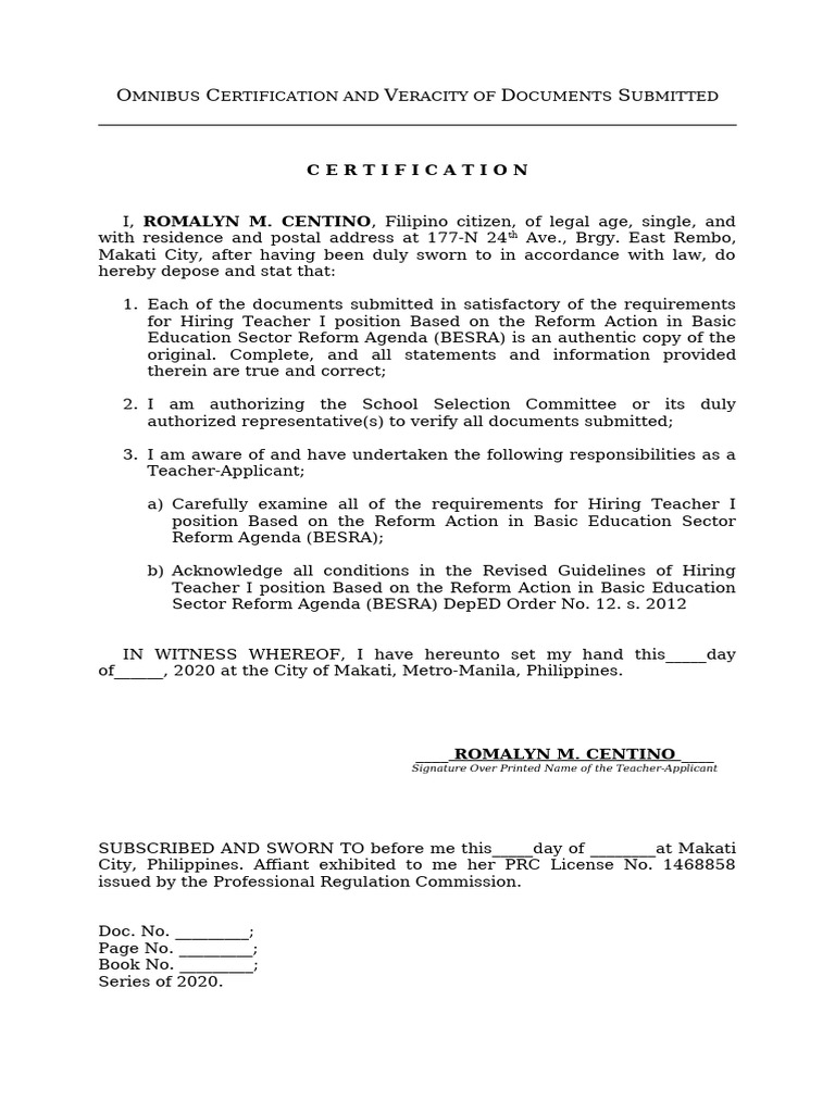 Omnibus Certification | PDF | Affidavit