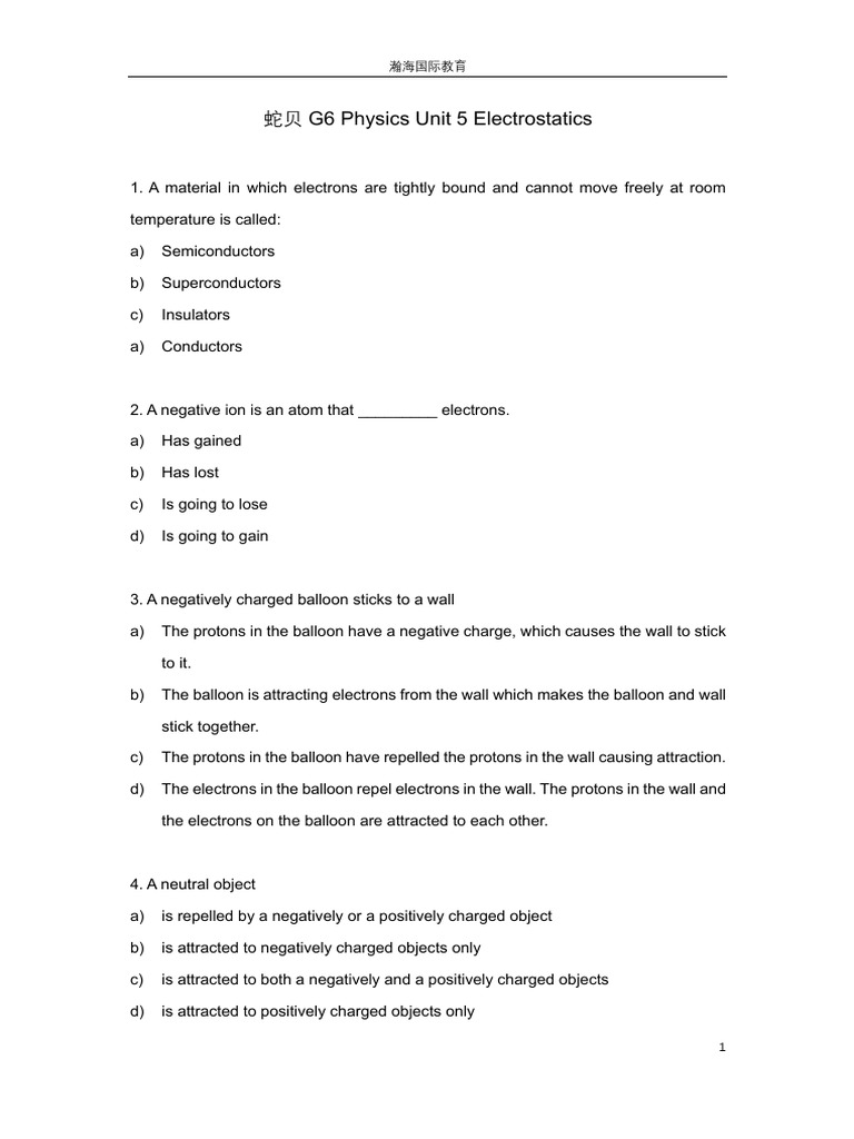 G6 Physics: Electrostatics Quiz | PDF | Electric Charge | Electron