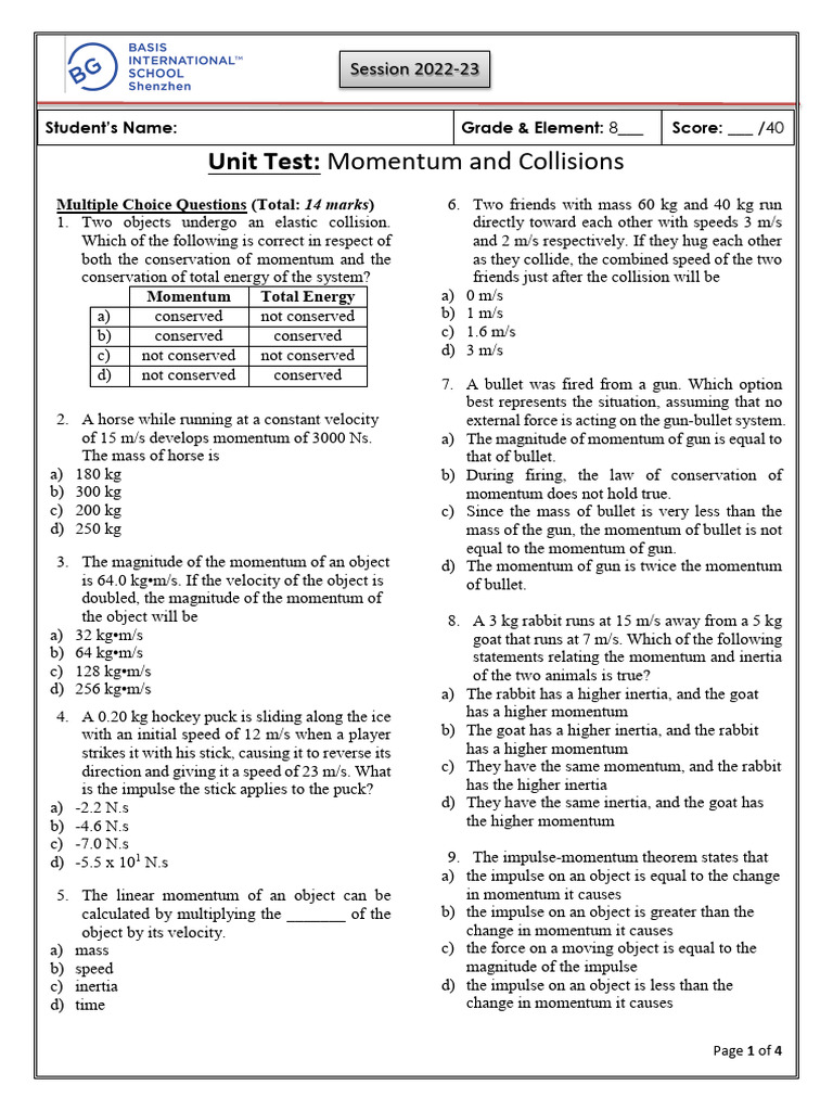 G8 Physics Momentum Test | PDF | Momentum | Force