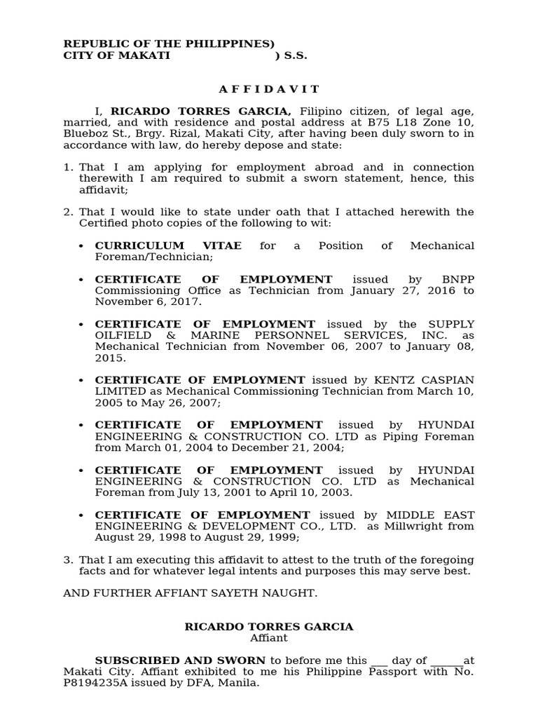 Affidavit of Ricardo Torres Garcia | PDF | Affidavit | Philippines