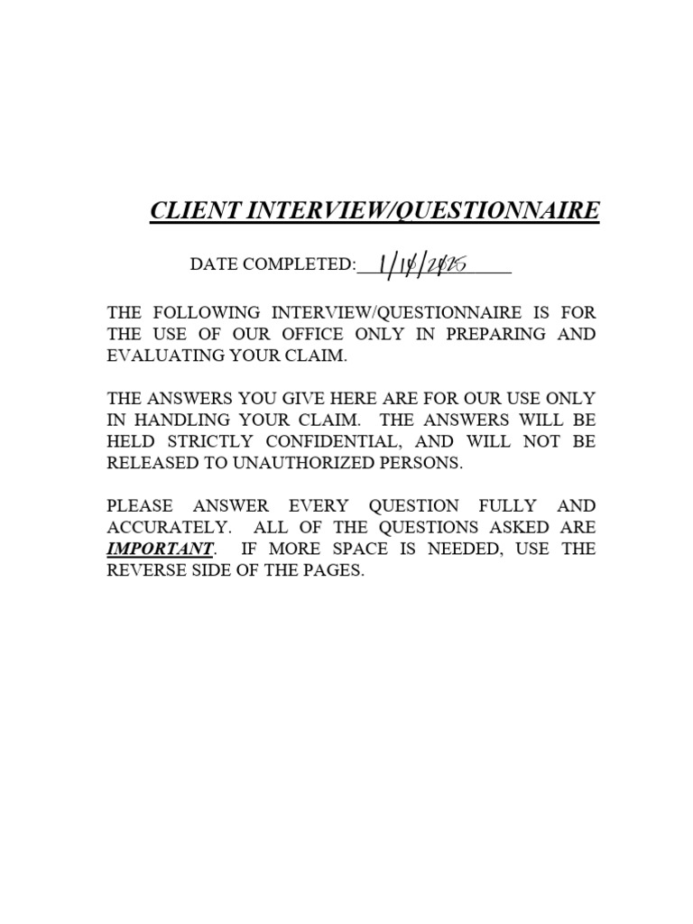 Client Accident Interview Questionnaire | PDF | Medical Prescription ...