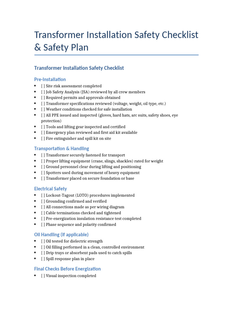 Transformer Installation Safety Checklist and Plan | PDF | Transformer ...