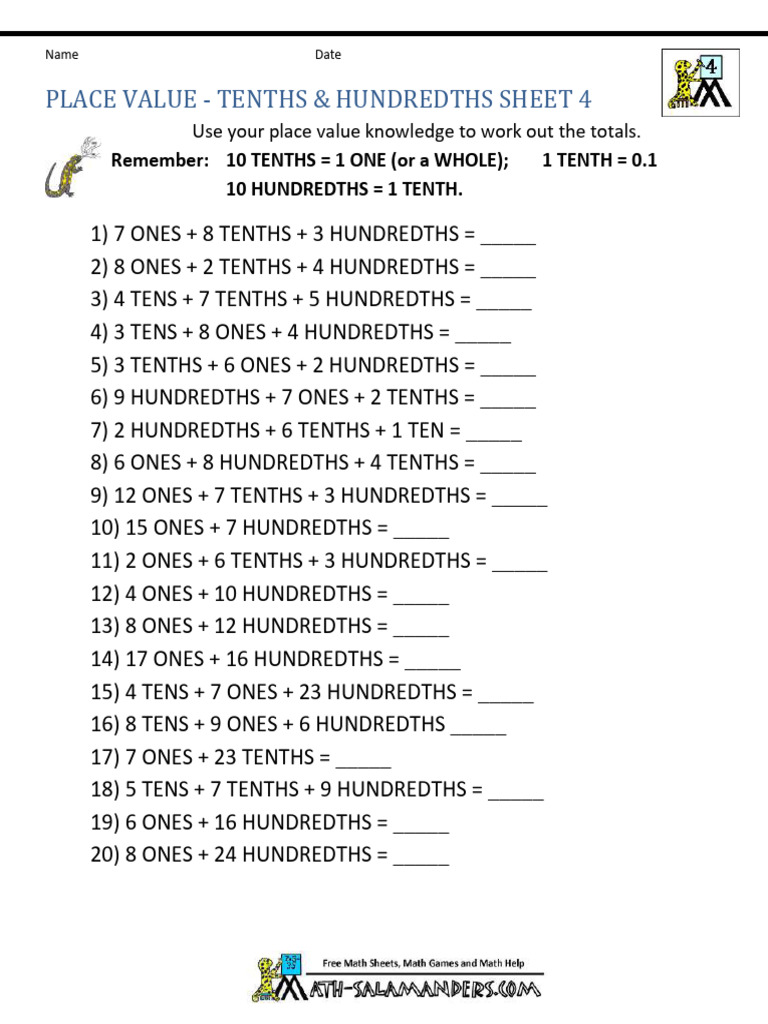 Place Value Hundredths 4 | PDF