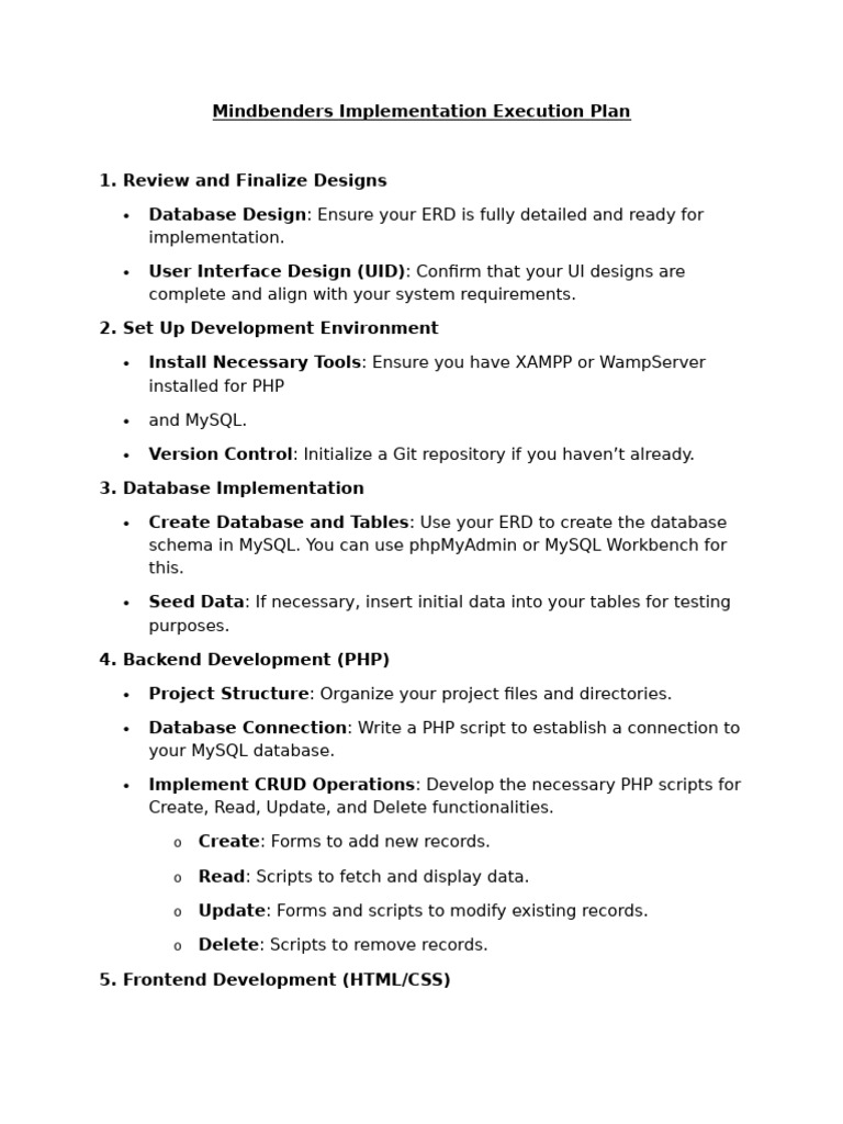 Mindbenders Implementation Execution Plan | PDF | Databases | Php