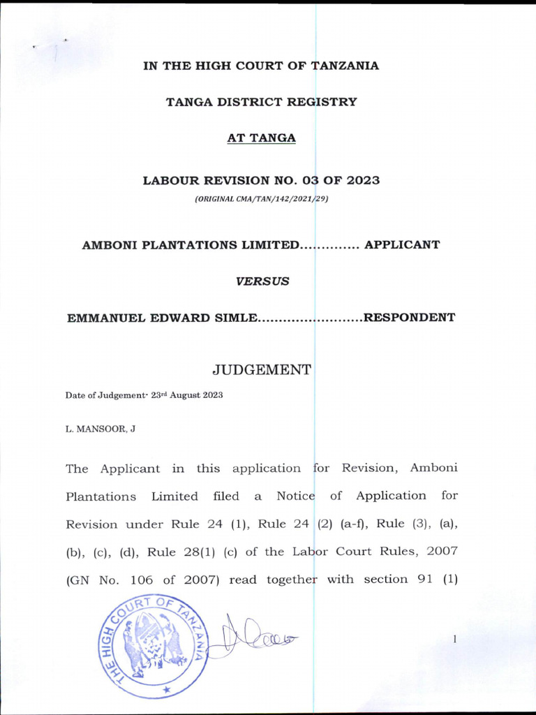 Amboni Plantations Limited Vs Emmanuel Edward Simle (Labour Revision No ...