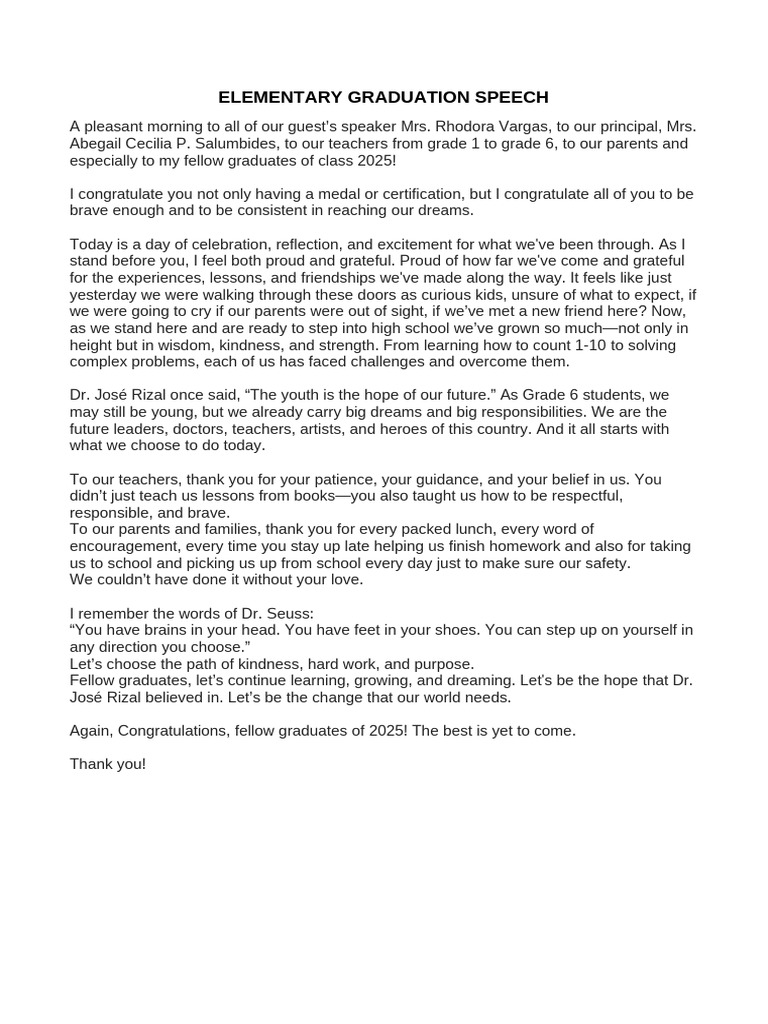 Elementary Graduation Speech | PDF