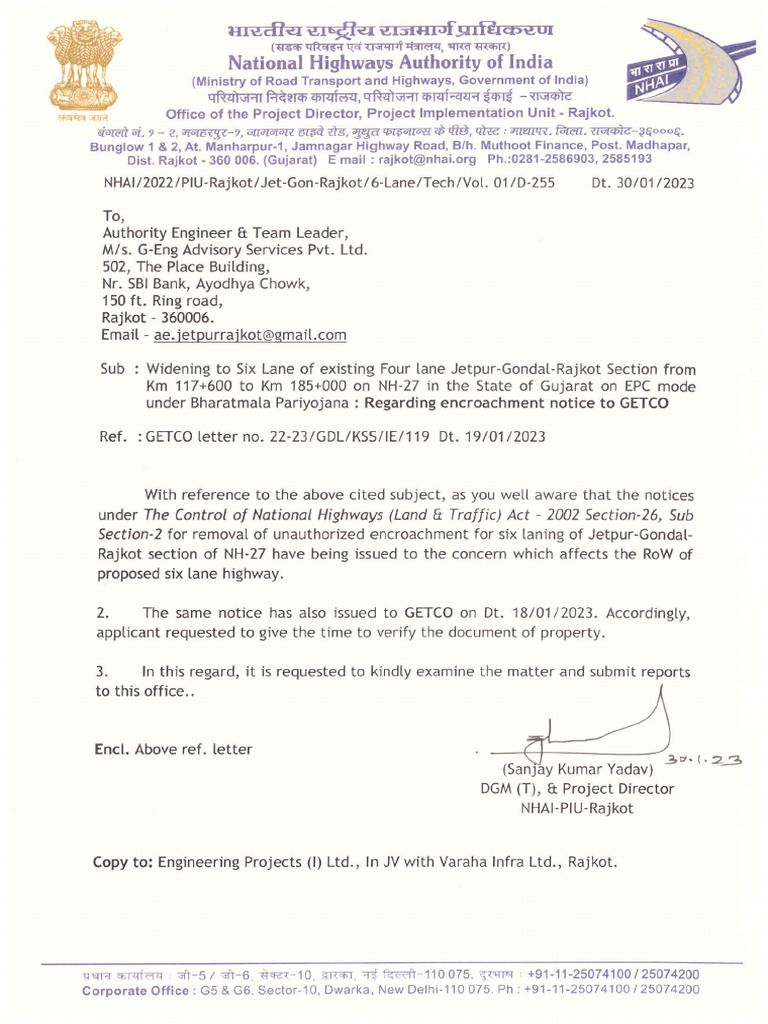 2023.01.30 PIU 255 Regarding Encroachment Notice To GETCO | PDF | Road ...