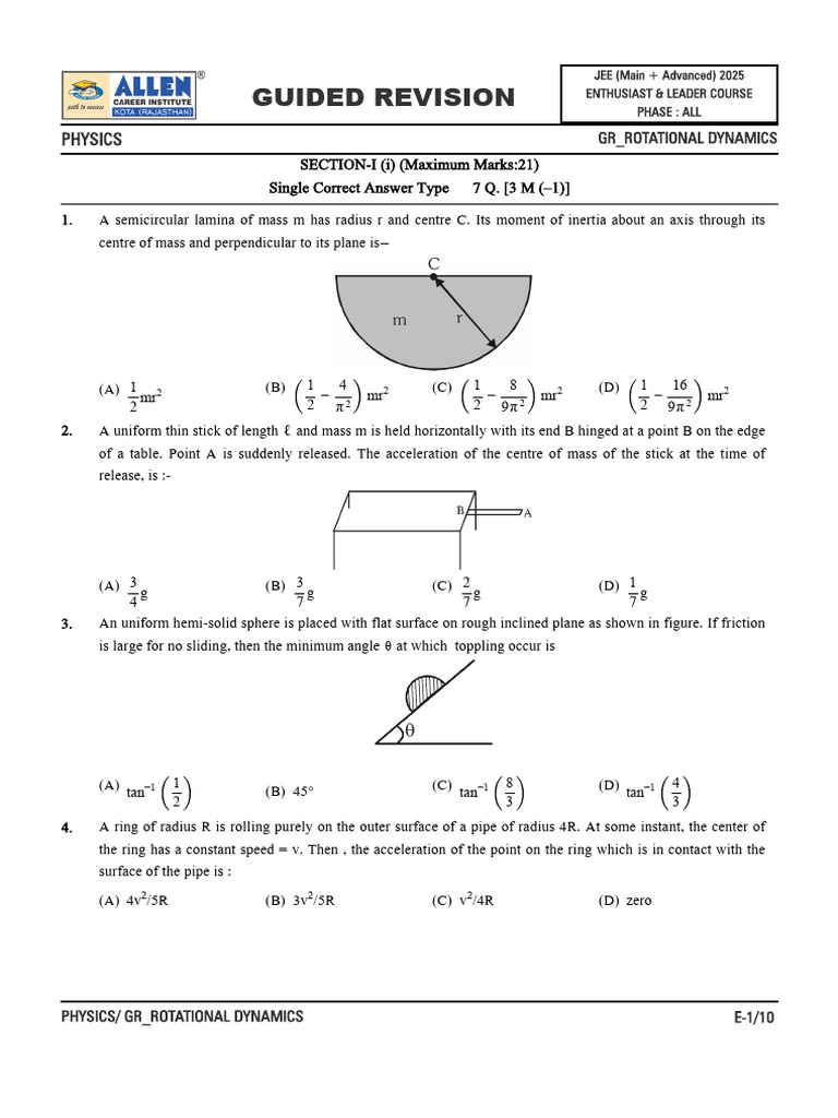 Rotational Dynamics in JEE Physics | PDF | Force | Mass