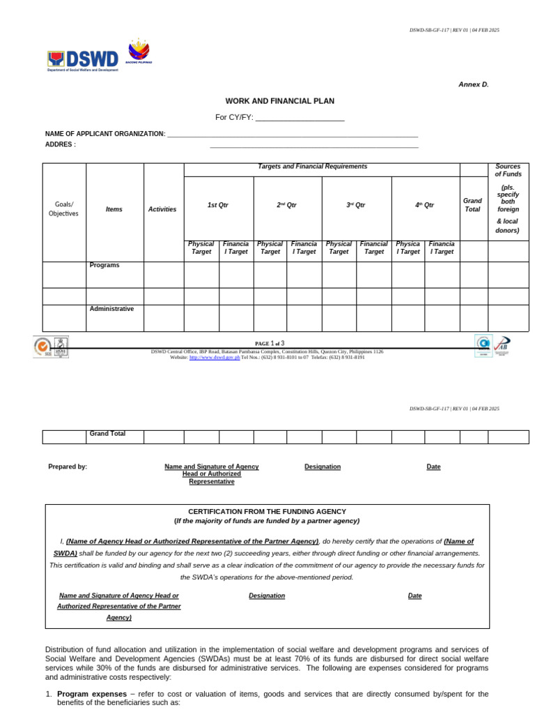 Annex D. DSWD SB GF 117 Work and Financial Plan RSIDG | PDF | Economies