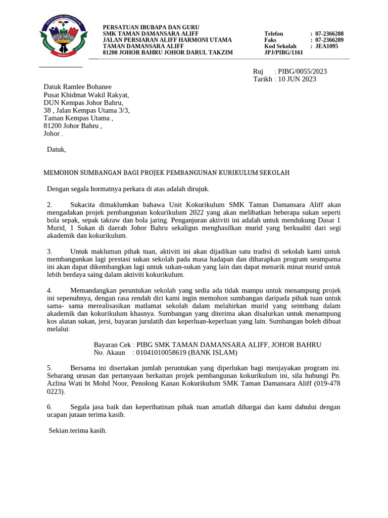 surat pd yb datuk ramli dun kempas latest YDP 2023 pibg | PDF