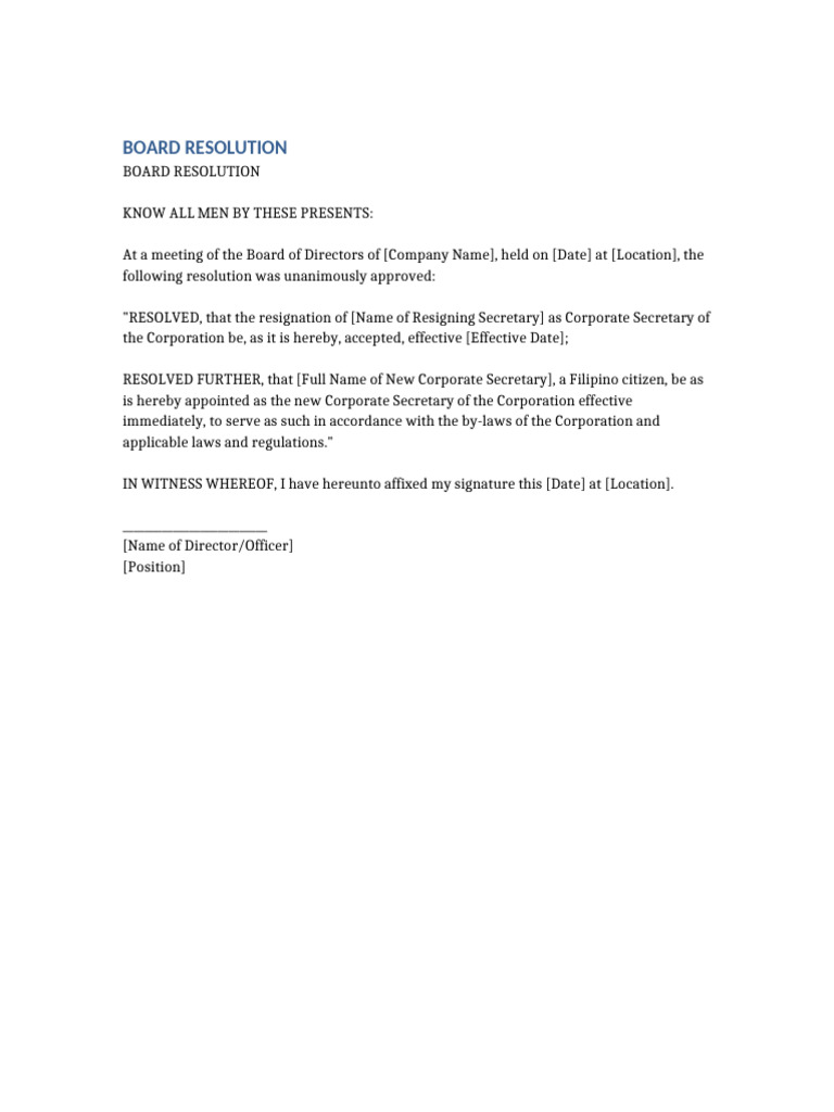 Board Resolution Change Secretary | PDF