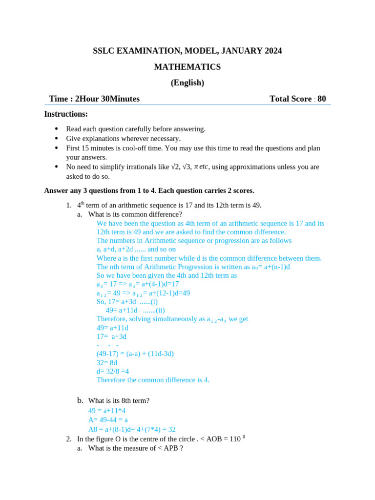SSLC 2024 Mathematics Model Paper | PDF | Mathematical Objects ...