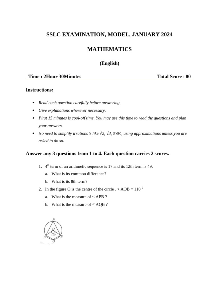 SSLC Mathematics Model Paper 2024 | PDF | Mathematics