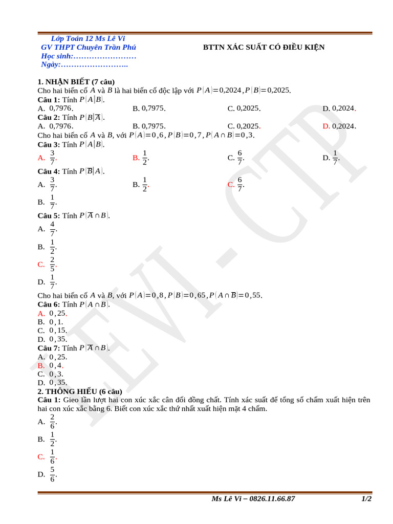 Dt12. Bttn Xác Suất Có Điều Kiện | PDF