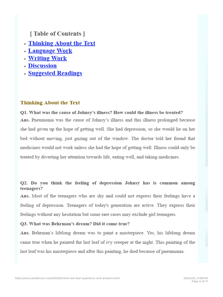 The Last Leaf - Questions, and Answers | PDF