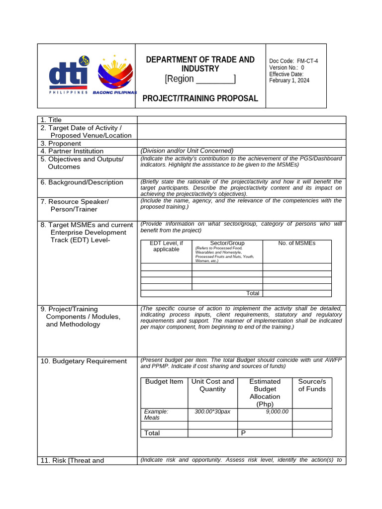 MSME Training Proposal Template | PDF | Risk