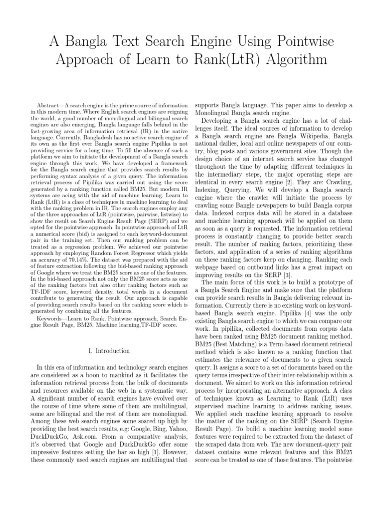 A Bangla Text Search Engine Using Pointwise Approach of Learn To Rank (LTR) Algorithm | PDF ...