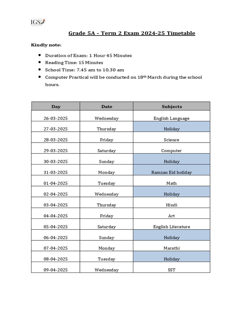Grade 5A Term 2 Exam Timetable 2024-25 | PDF