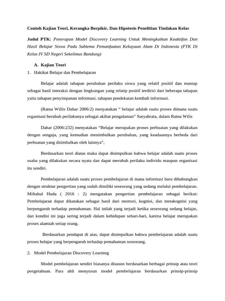 Contoh Kajian Teori, Kerangka Berfikir, Hipotesis PTK | PDF
