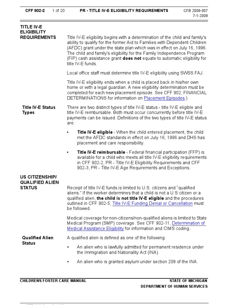 Title IV-E Eligibility Requirements Guide | PDF | Alien (Law ...