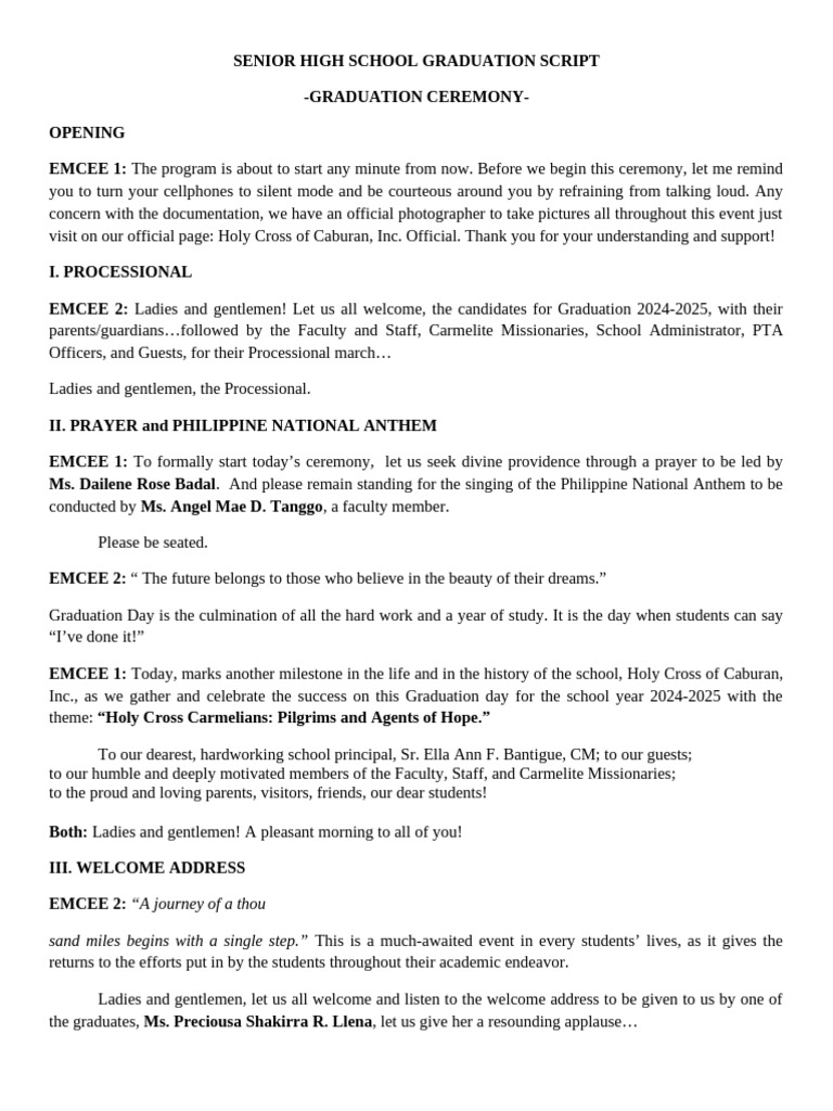 Senior High School Graduation Script 2024-2025 | PDF
