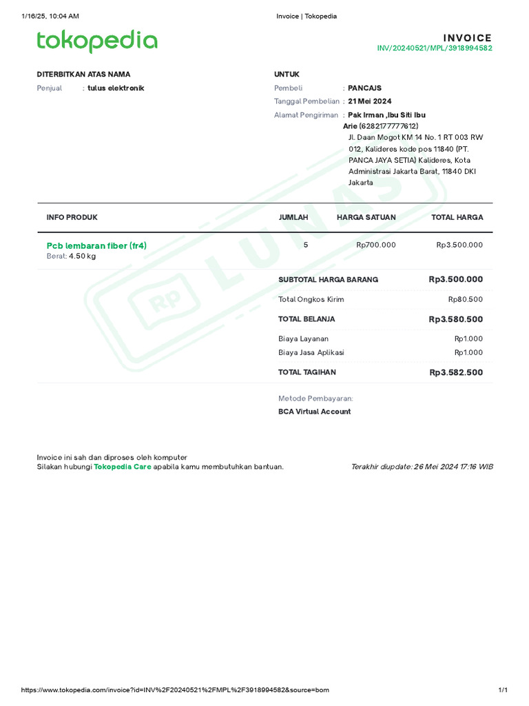 Invoice - Tokopedia PCB Board | PDF
