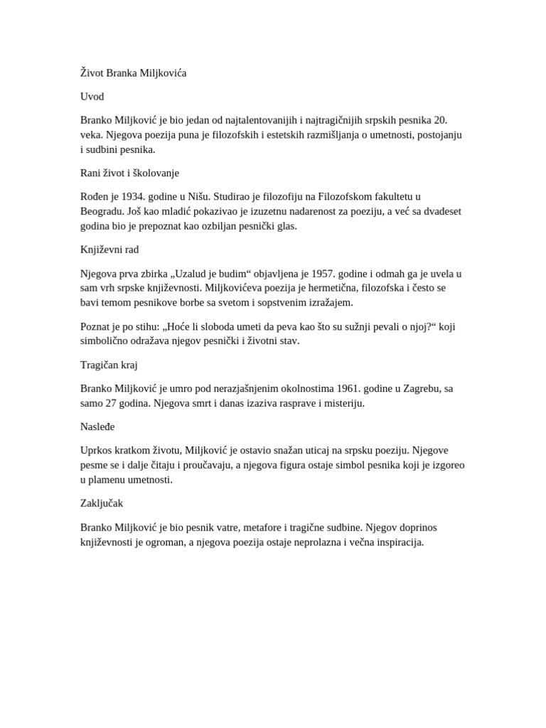 Zivot Branko Miljkovic | PDF