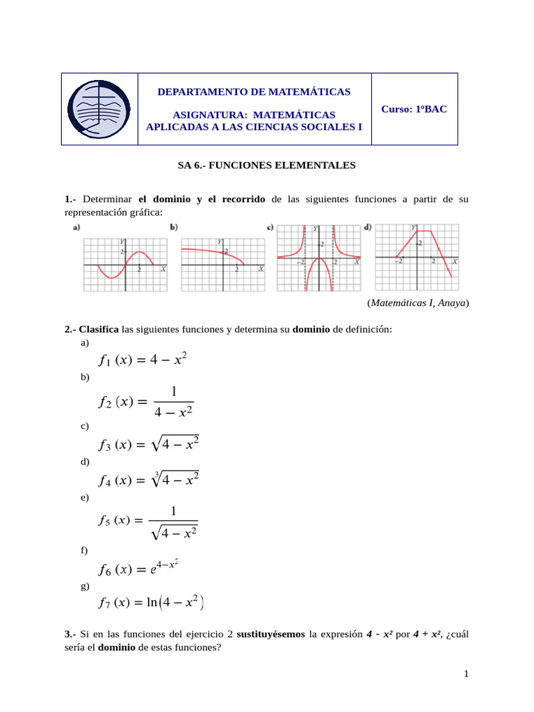 Ficha 1 - Ejercicios Funciones Elementales | PDF