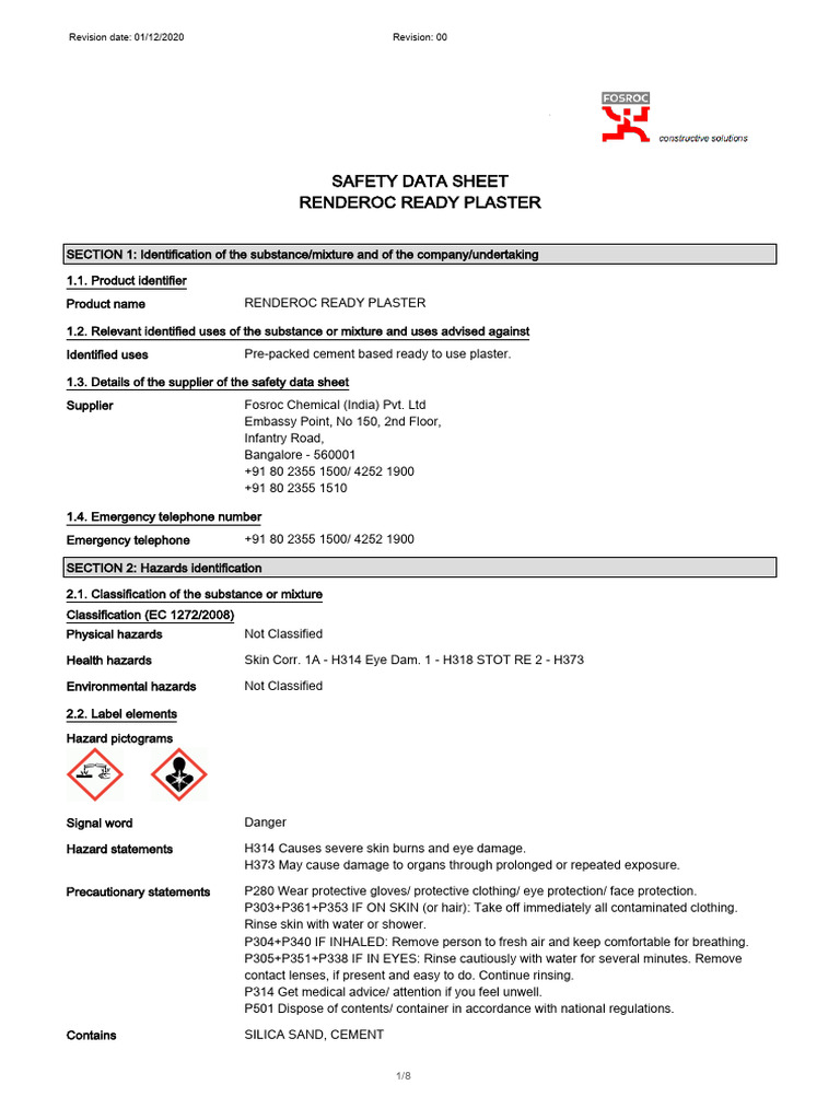 SDS RENDEROC READY PLASTER India | PDF | Dangerous Goods | Safety