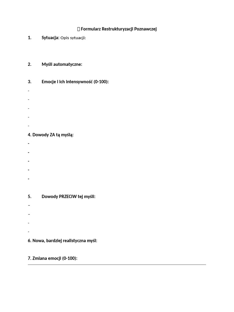 ? Formularz Restrukturyzacji Poznawczej | PDF