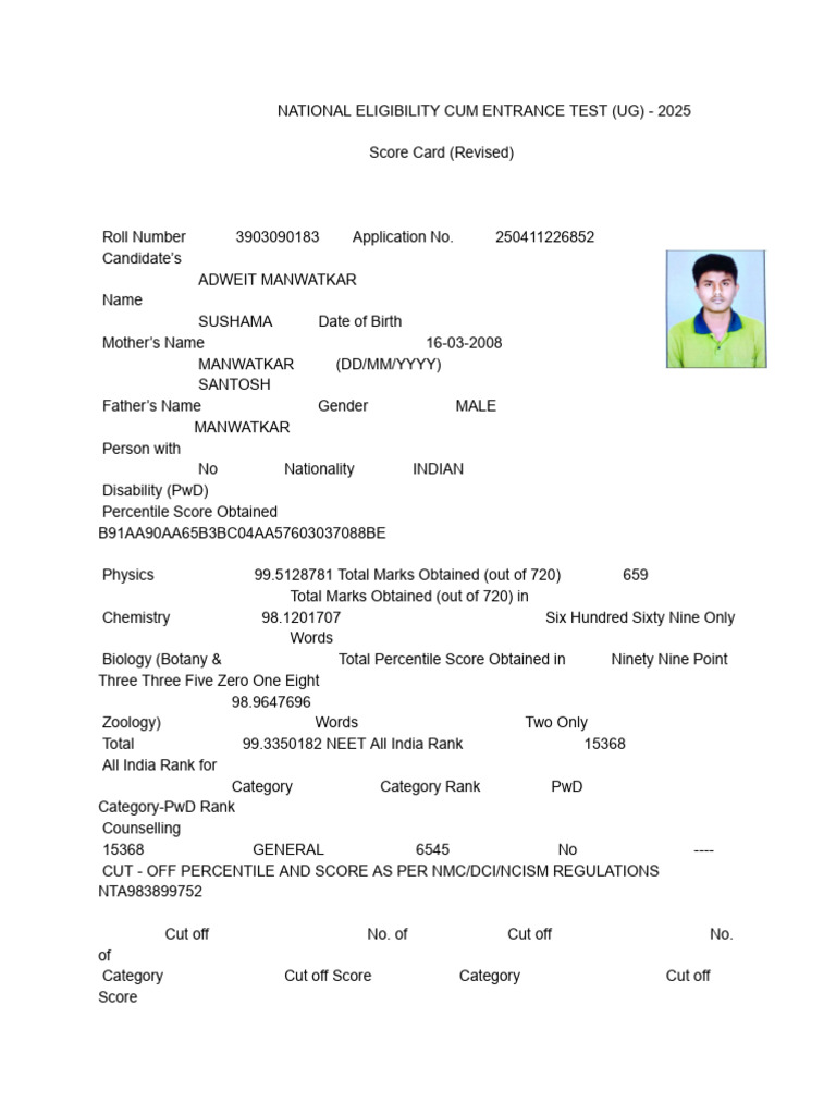 NEET Scorecard | PDF | Student Assessment And Evaluation | Qualifications