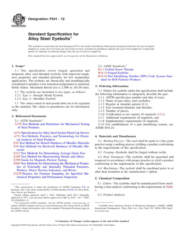 ASTM F541 - Standard Specification For Alloy Steel Eyebolts | PDF