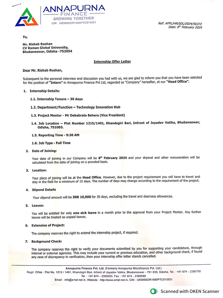 Rishab Roshan - Offer Letter | PDF