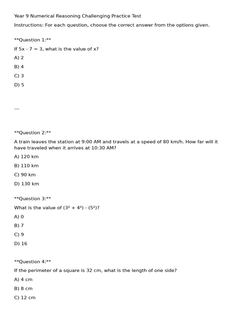 Year 9 Numerical Reasoning Test | PDF | Elementary Geometry | Euclidean ...