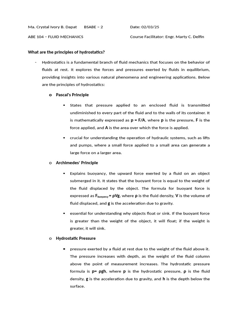 Principles of Hydrostatics Explained | PDF