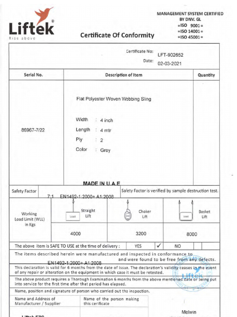LFT-902652 Lifting Accessories Certificate | PDF