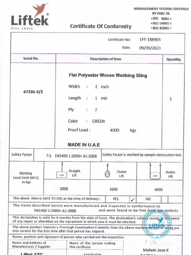 LFT-188965 Lifting Accessories Certificate | PDF