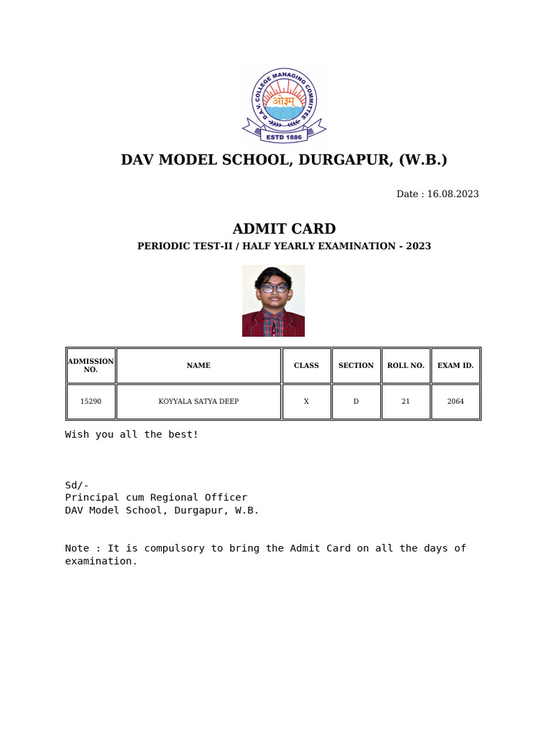 DAV Model School Admit Card 2023 | PDF