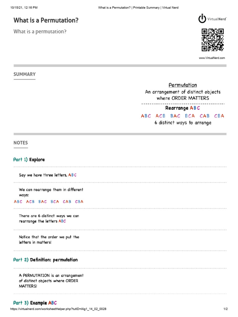 What Is A Permutation - Printable Summary - Virtual Nerd | PDF