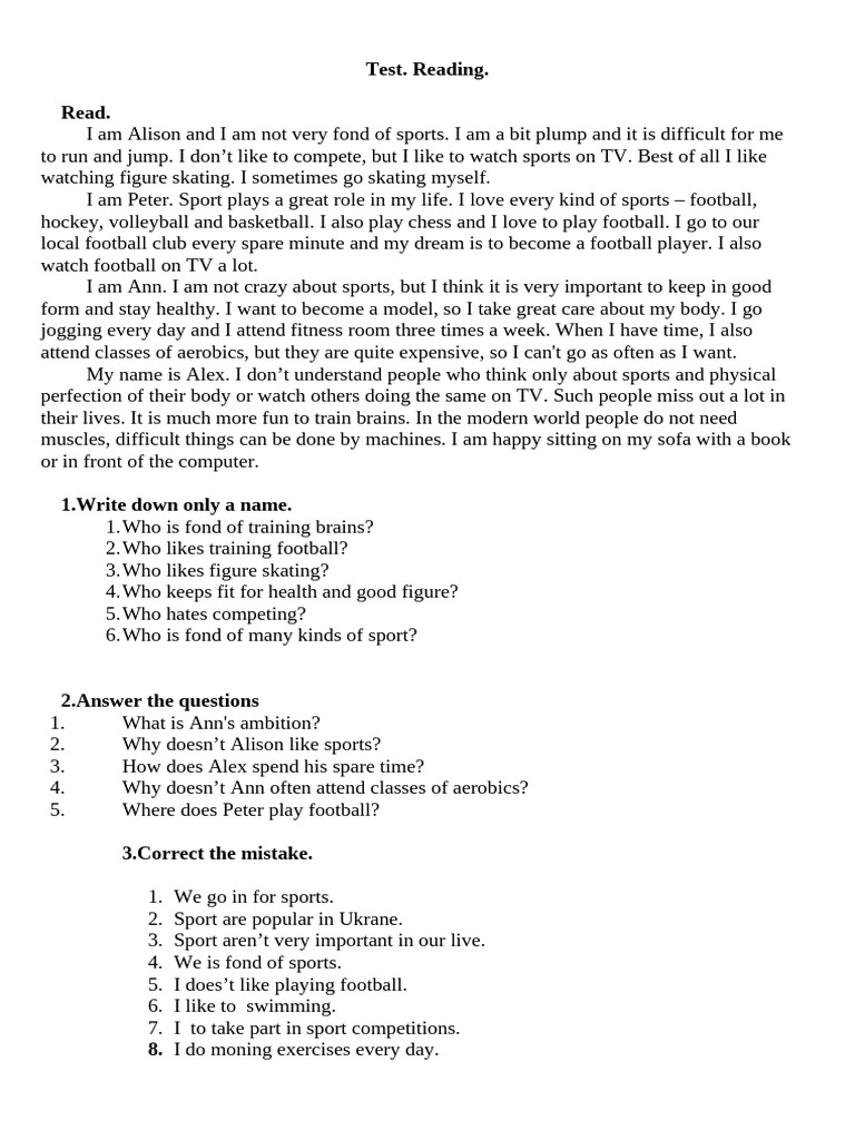 Test. Reading. Read | PDF | Sports | Physical Exercise