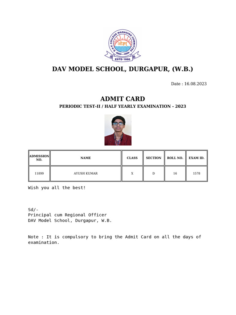 Dav Model School, Durgapur, (W.B.) : Periodic Test-Ii / Half Yearly ...
