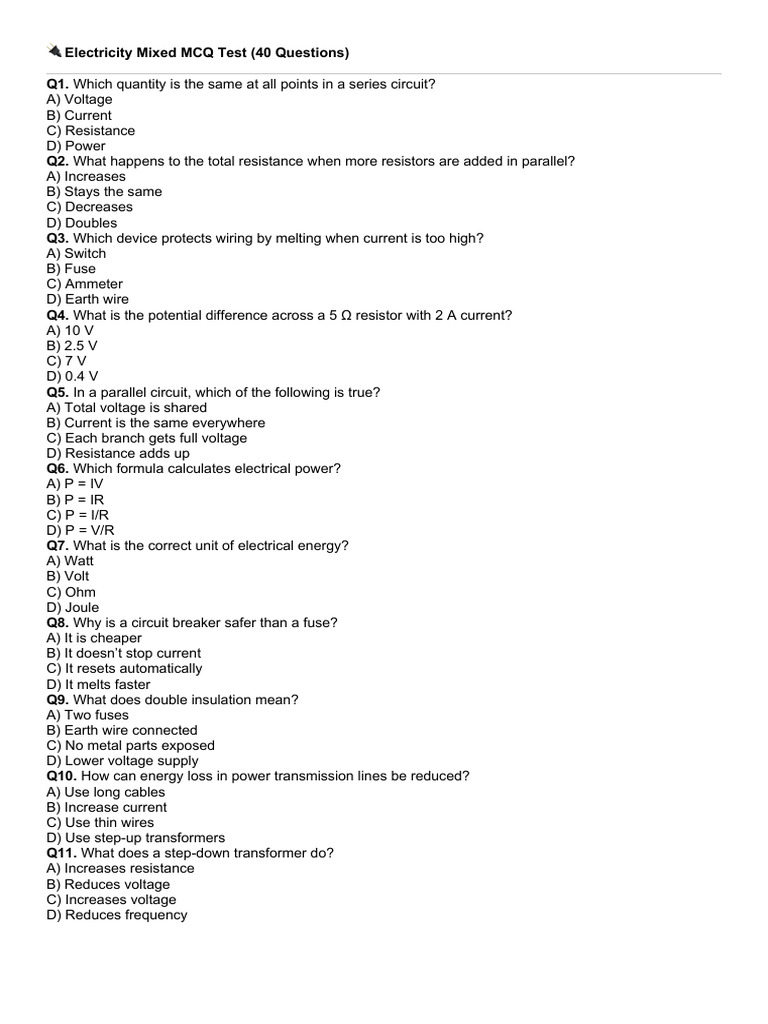 IGCSE Electricity MCQ Practice Test | PDF | Inductor | Transformer