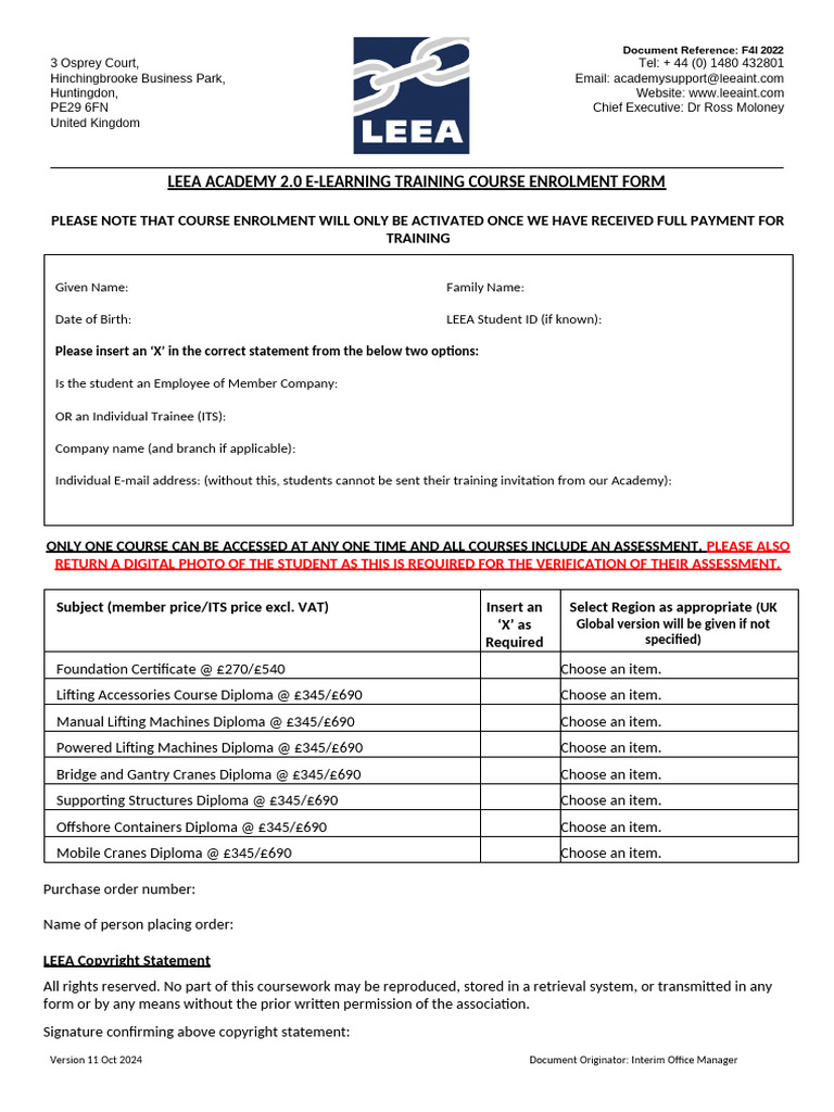 F4l 2022 LEEA Academy E-Learning Training Course Enrolment Form Version ...
