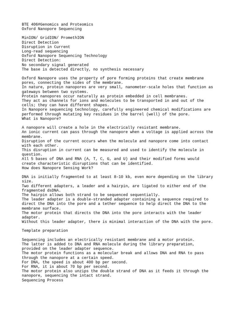 BTE 406 Oxford Nanopore Sequencing | PDF | Dna Sequencing | Dna