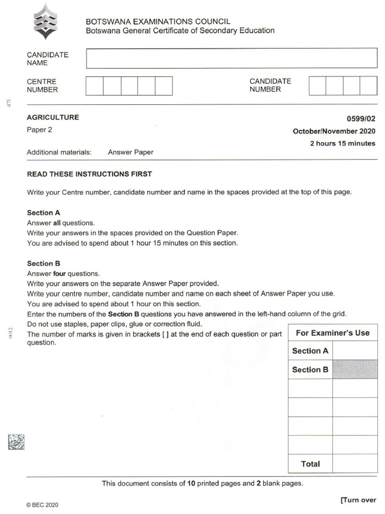 2020 Bgcse Agriculture Paper 2 | PDF