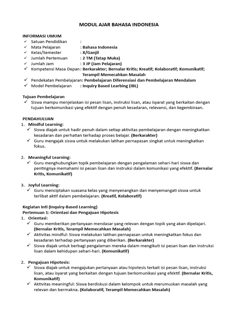 1. Modul Ajar BIN Kelas X, Smt Ganjil IBL | PDF