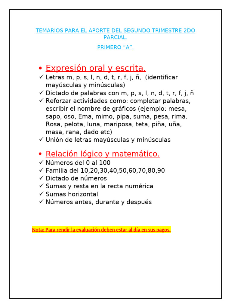 Temario 2do Parcial Primero "A" | PDF